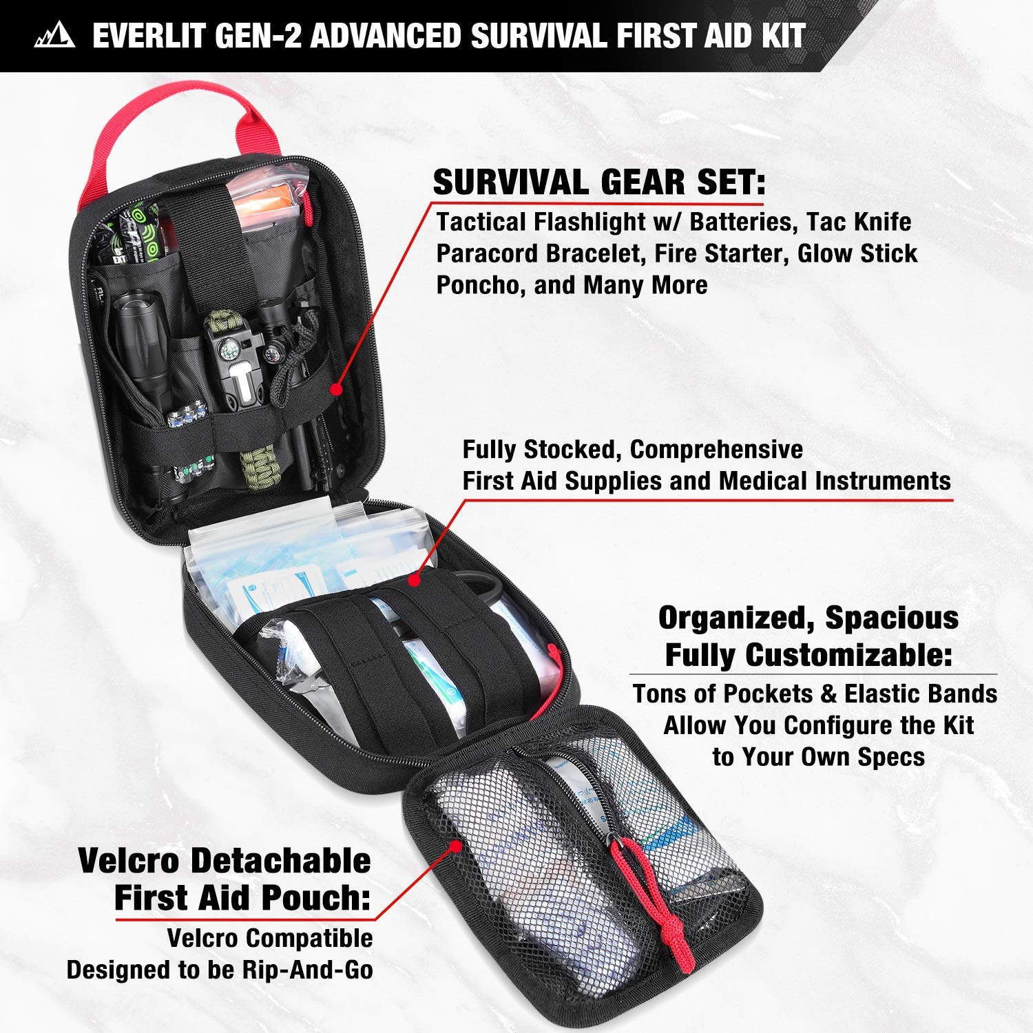 Everlit Survival Upgraded Survival First Aid Kit Emergency Gear Trauma Kit with 1000D Nylon Laser Cut Tactical EMT Pouch for Outdoor, Camping, Hunting, Hiking, Earthquake, Home, Office (Black)