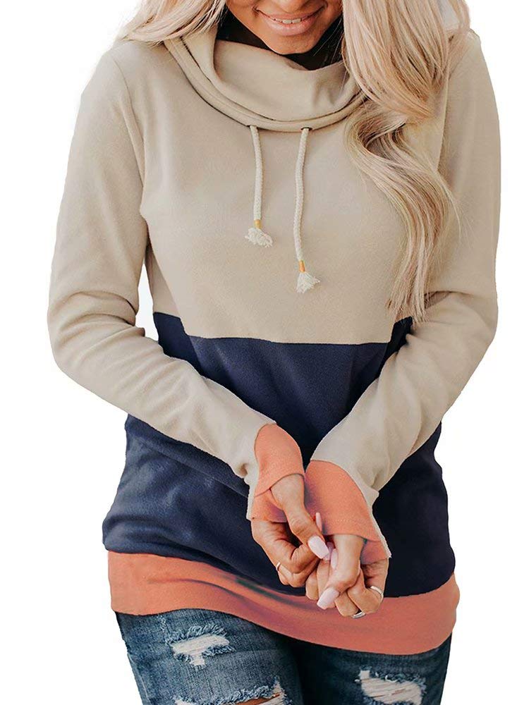 Kotiera Women's Casual Turtle Cowl Neck Sweatshirt Color Block Thumb Holes Pullover Long Sleeve Winter Warm Tunic Top Apricot S