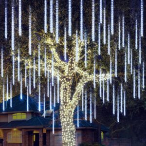 joiedomi 2-pack christmas meteor shower lights - falling rain drop icicle string lights 2 x 8 tubes 30cm 288 leds white, for halloween christmas holiday party home patio outdoor decoration