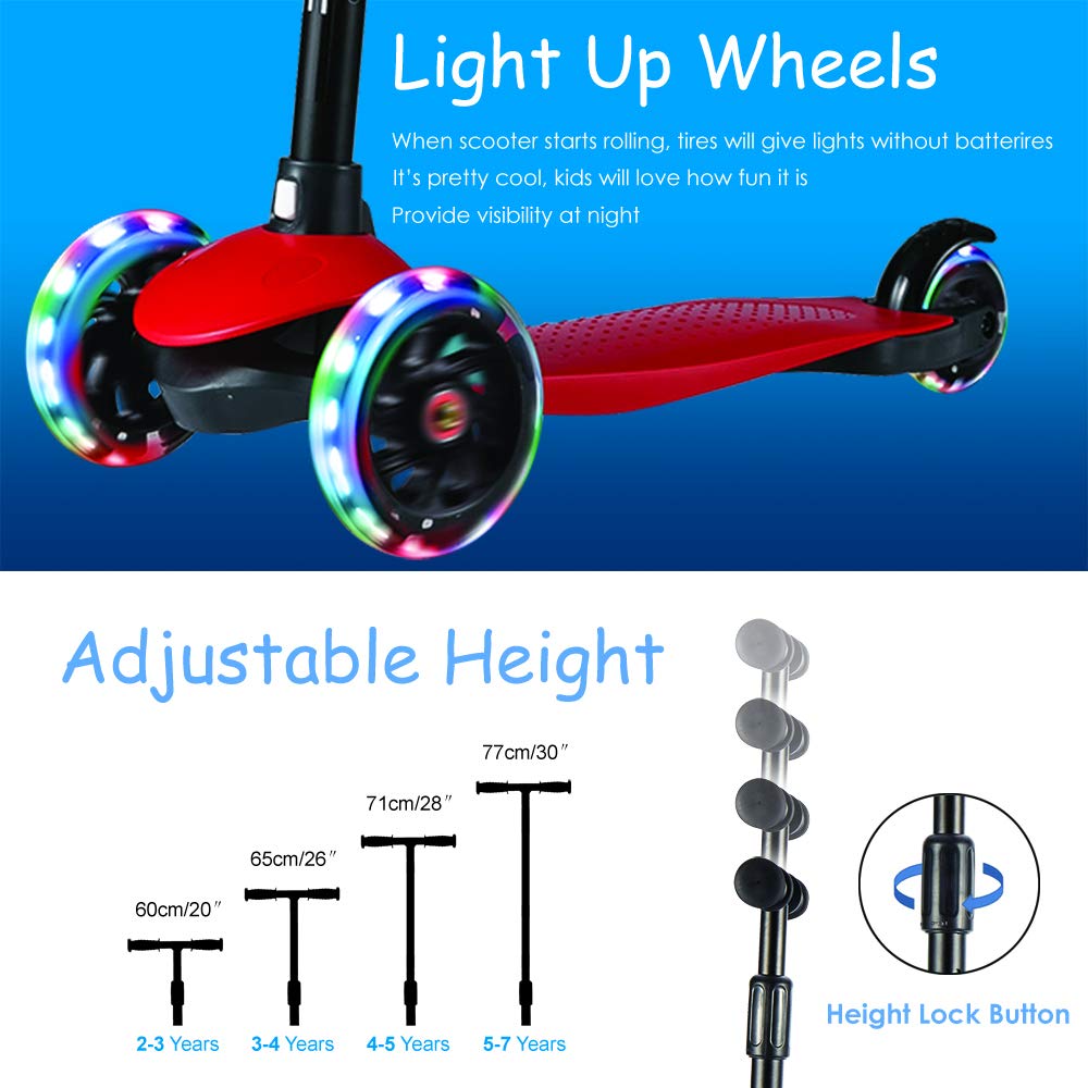 Kick Scooter for Kids Boys Girls, 3 Wheel Scooter for Toddler for 2-5 Years Old, Adjustable Height, Light Up Flashing Wheels, Removable Handlebar, Lean to Steer, Easy to Carry (Red)