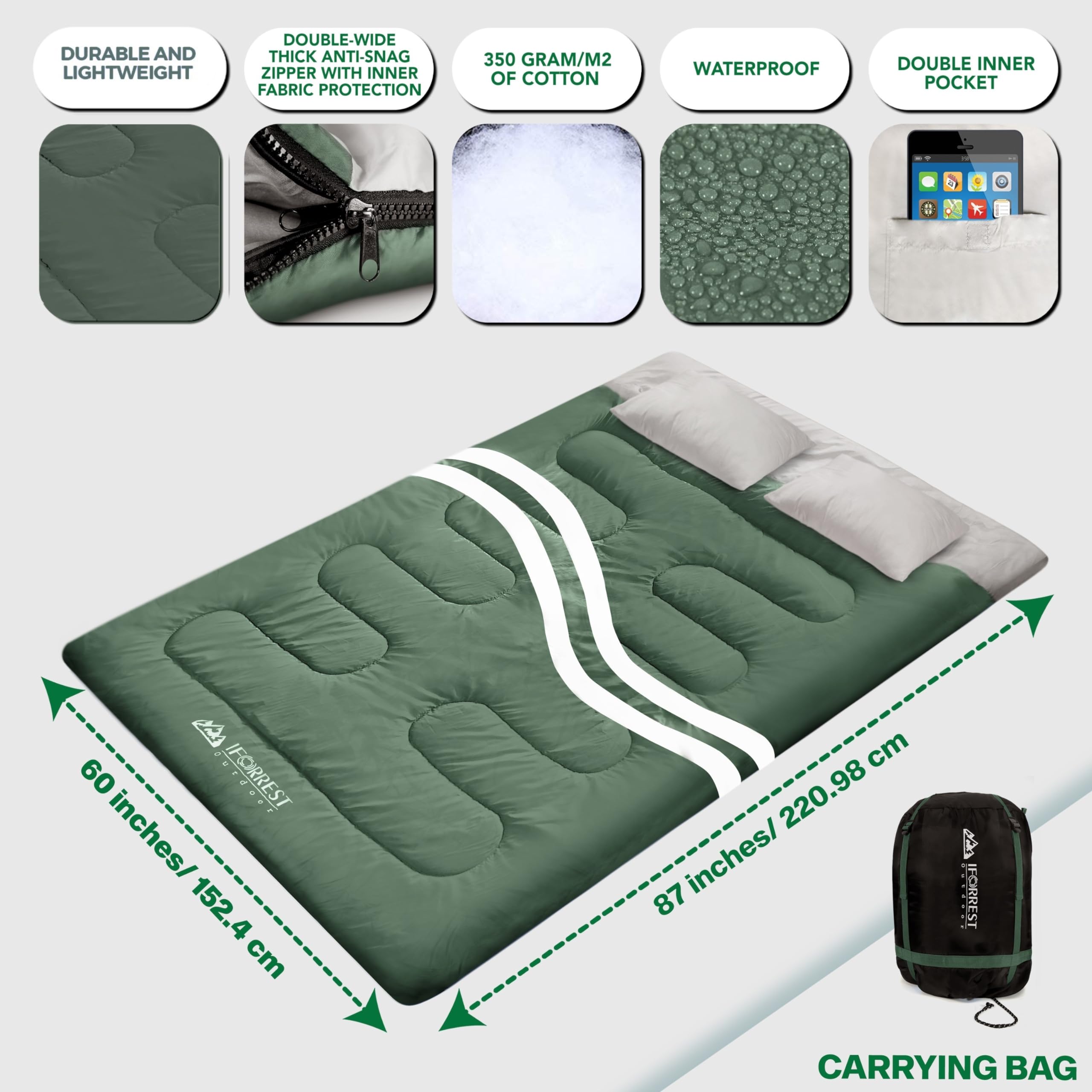 IFORREST Double Sleeping Bag for Adults - 2 Person Cold Weather(3-4 Seasons) Camping Bed, Extra-Wide & Warm - Queen Size XL