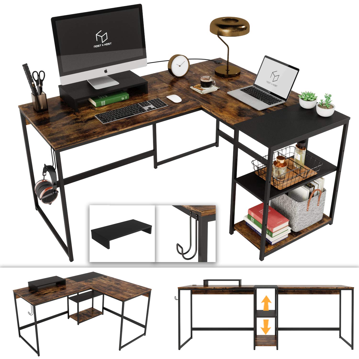 L-Shaped Desk for Home Office | Nost Host Corner Desks with Adjustable Side Shelf | Monitor Stand Headphone Hook Included Convertible Table | Modern-Style Industrial Desk 82.6L