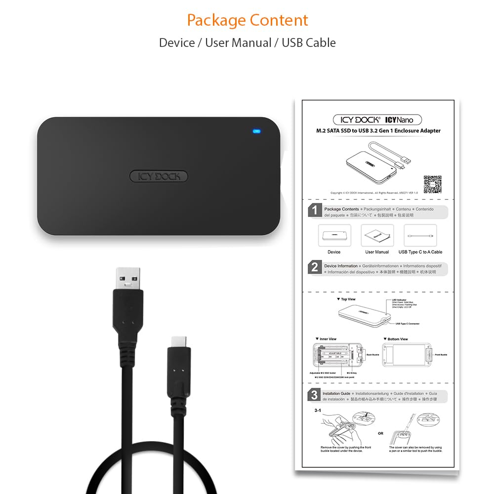 ICY DOCK M.2 SATA to USB 3.2 Gen 1 (5Gbps) SSD Reader Adapter Tool-Less External Enclosure for 2280/2260/2242/2230 M.2 NGFF SSD | ICYNano MB809U3-1M2B