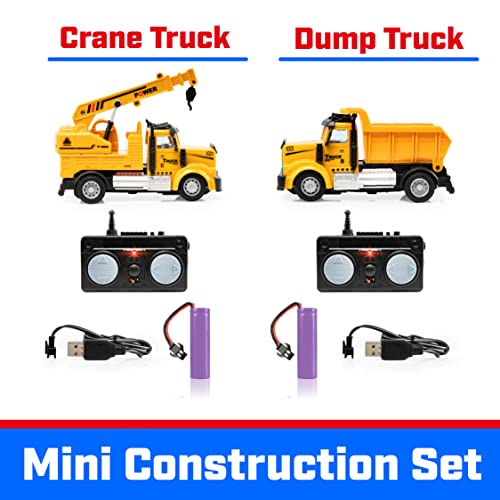 Force1 Mini Construction RC Trucks for Kids - 2 Pack Remote Control Construction Truck Set with Mini RC Toy Crane and Mini Dump Truck Toy, 2.4GHz Remote Controls, Bright LEDs, RC Car Batteries, Yellow