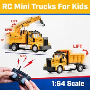 Force1 Mini Construction RC Trucks for Kids - 2 Pack Remote Control Construction Truck Set with Mini RC Toy Crane and Mini Dump Truck Toy, 2.4GHz Remote Controls, Bright LEDs, RC Car Batteries, Yellow