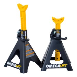 omega lift heavy duty 6 ton jack stands pair - double locking pins - handle lock and mobility pin for auto repair shop with extra safety (jz060)