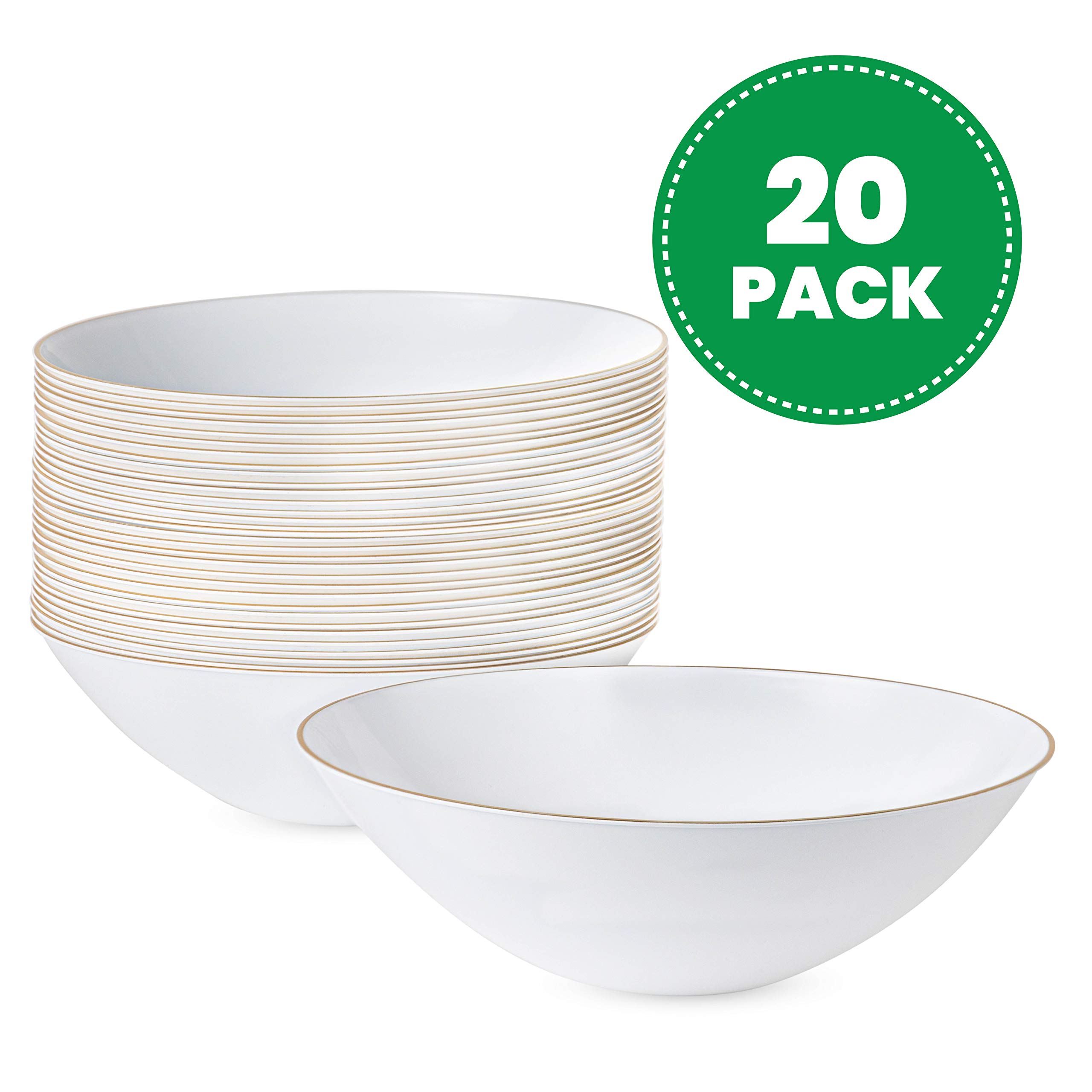 PLASTICPRO [16 OZ 20 Count] White Plastic Floral Design Party Soup bowls With Gold Rim Premium heavyweight Elegant Disposable Tableware Dishes