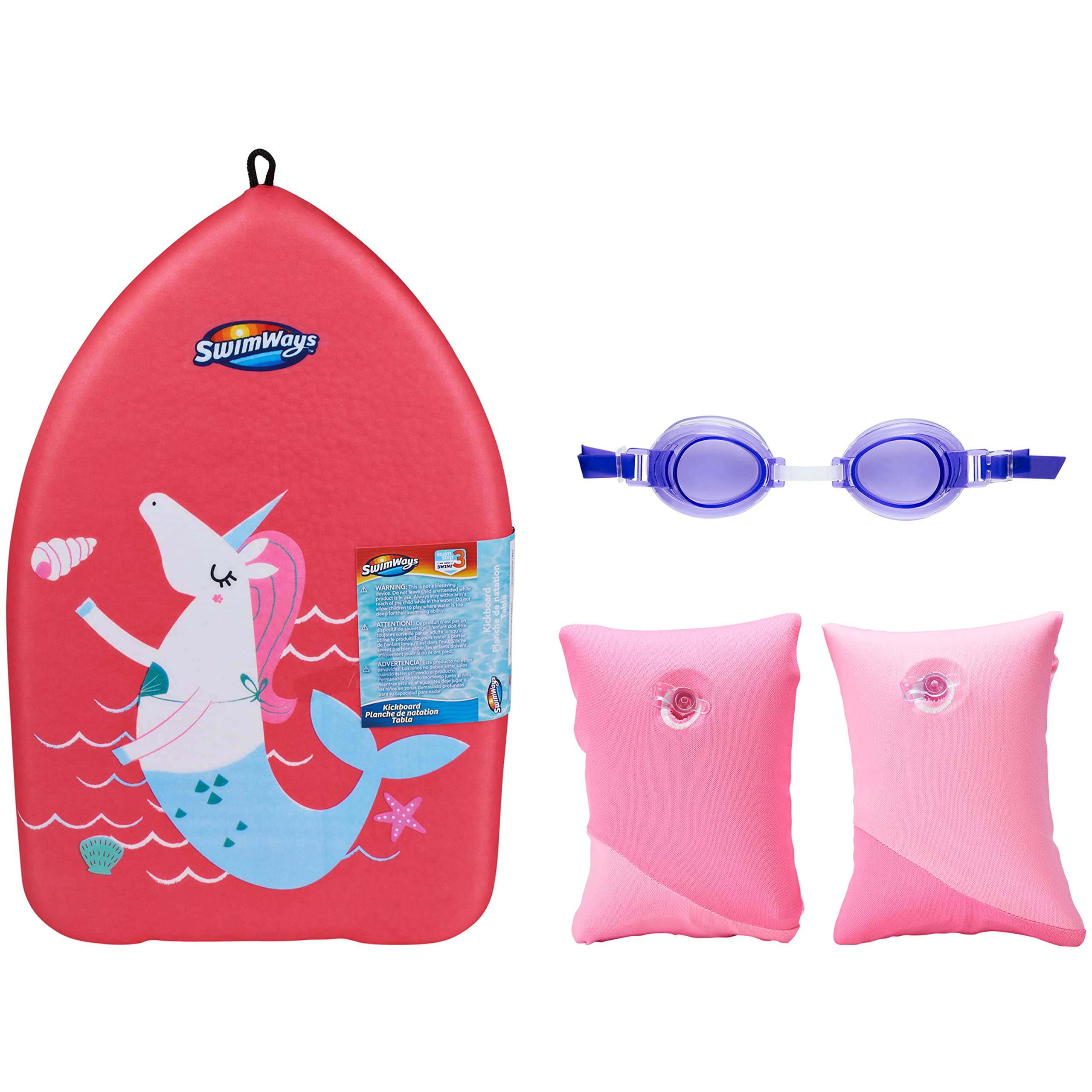 SwimWays Value pack, Fish Face Guppy Goggles ,Soft Swimmies, and Mermicorn Kick Trainer, Learn to Swim Kickboard