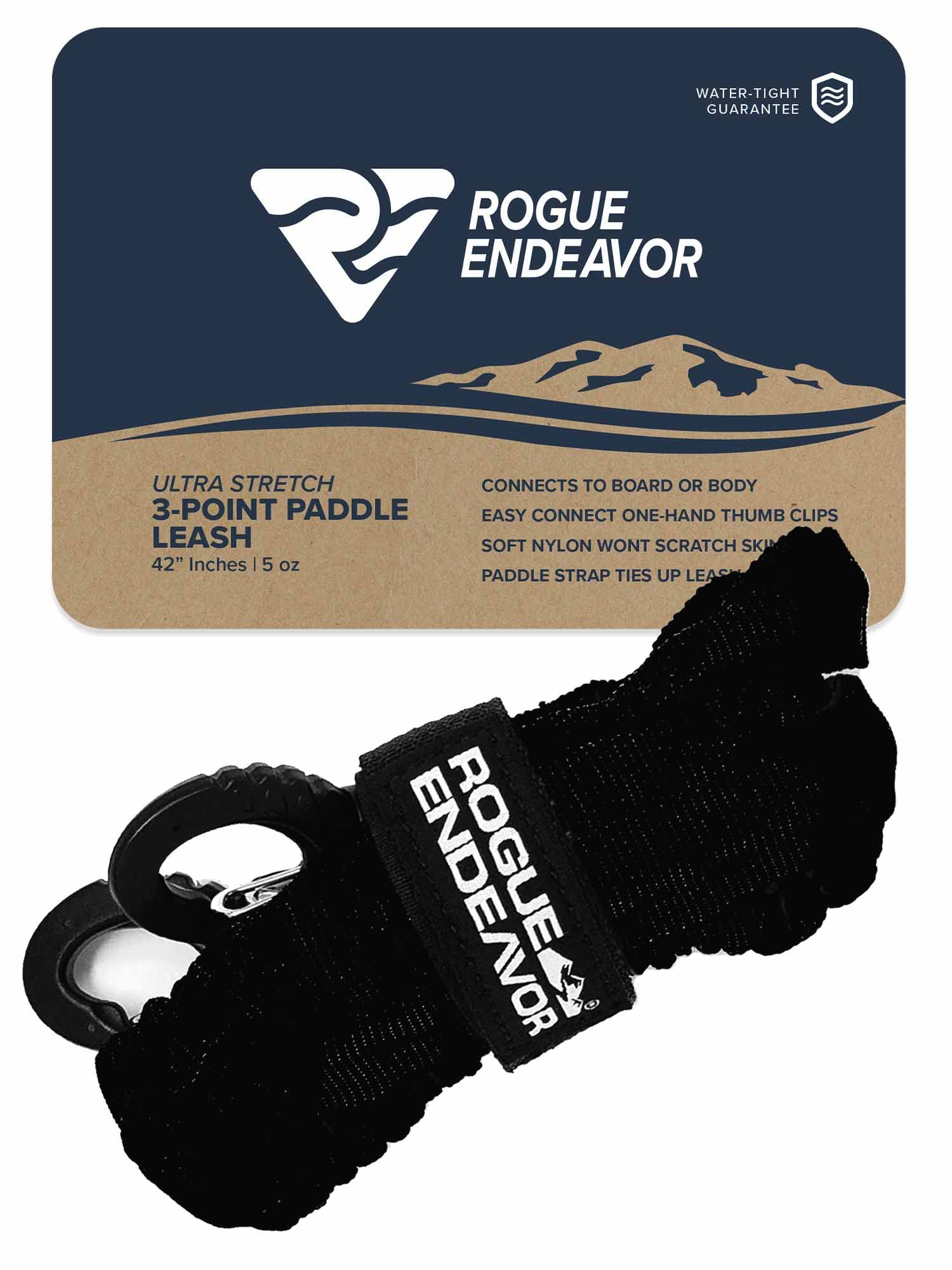 Rogue Endeavor 3-Point Stretch Paddle Leash for SUP (Stand Up Paddle Board), Kayak & Canoe. Center-Pivot for Easy Transition. Soft Nylon, Easy Stretch, 360 Swivels (Black)