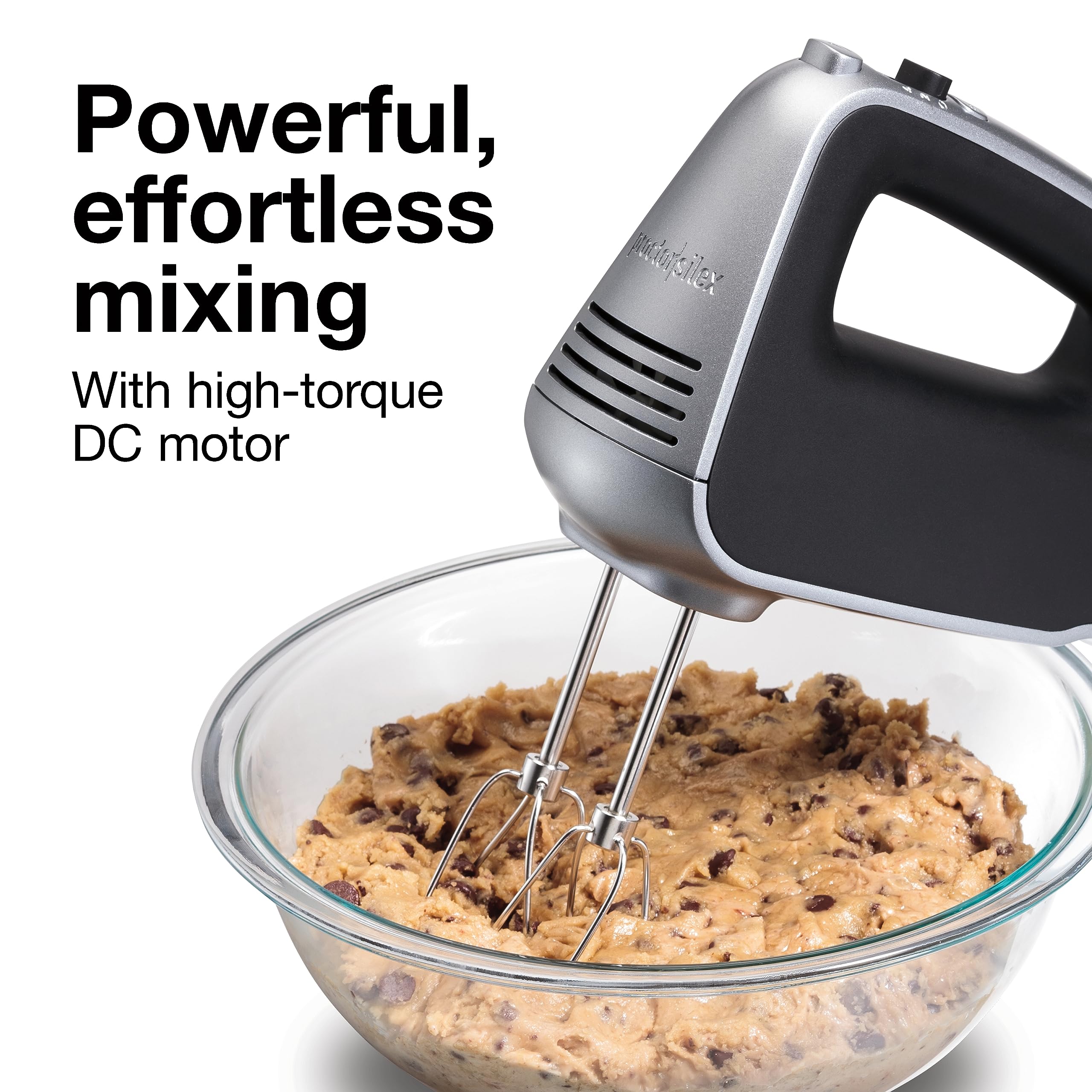 Proctor Silex 5-Speed + Boost Electric Hand Mixer with Powerful 1.3 Amp DC Motor For Effortless Mixing & Consistent Speed in Thick Ingredients, Slow Start, Silver (62501)