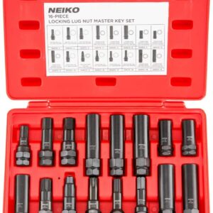 Neiko 02457A Lug-Nut Key Set, Wheel-Lock Removal Tool Kit for Aftermarket and Factory Wheel Tire Keys, SAE and Metric Lug Sockets, 16 Pieces