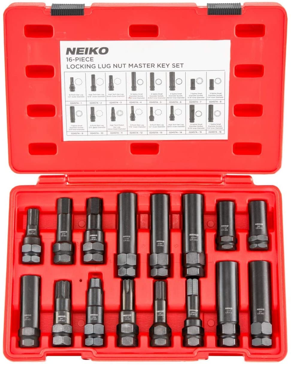 Neiko 02457A Lug-Nut Key Set, Wheel-Lock Removal Tool Kit for Aftermarket and Factory Wheel Tire Keys, SAE and Metric Lug Sockets, 16 Pieces