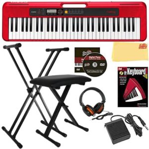 casio casiotone ct-s200 61-key portable digital keyboard - red bundle with adjustable stand, bench, headphone, sustain pedal, instructional book, austin bazaar instructional dvd, and polishing cloth