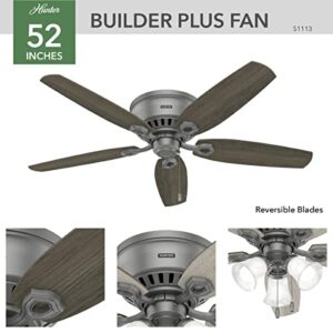 Hunter Fan Company, 51113, 52 inch Builder Matte Silver Low Profile Ceiling Fan with LED Light Kit and Pull Chain