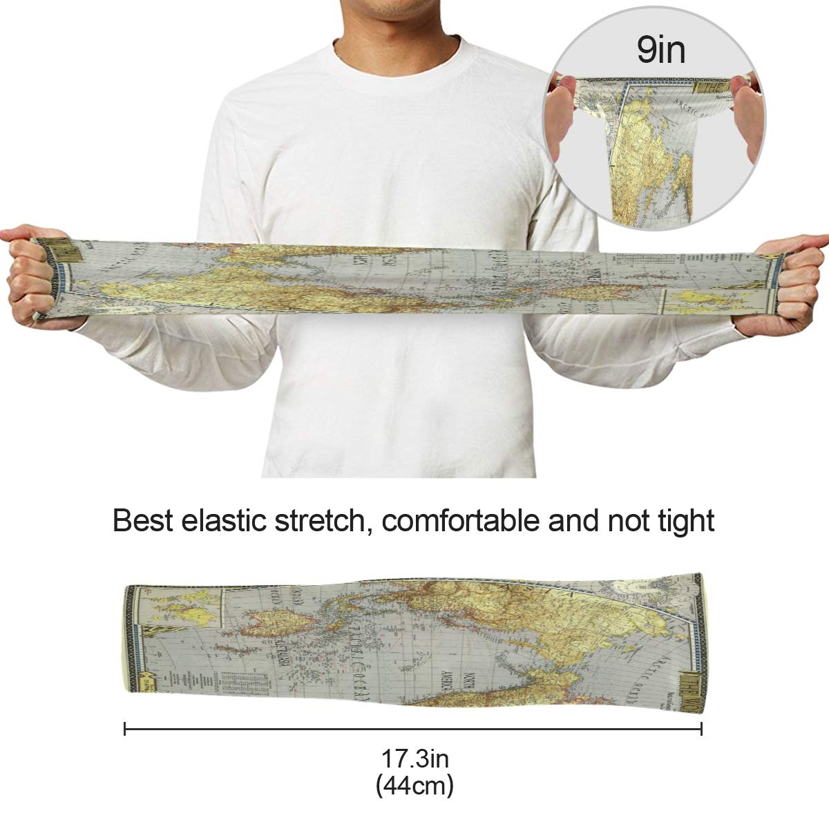 WELLDAY World Map Painting Arm Sleeves with Thumb Hole UV Sun Protection Cooling for Driving Cycling Golf Fishing