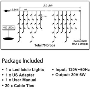 TuoPuLife LED Icicle Lights Outdoor, 32.8ft 400 LED Icicle Christmas Lights with Timer, Waterproof, Connectable Eaves Curtain Fairy String Lights for Christmas, Thanksgiving, Easter,Valentines Day