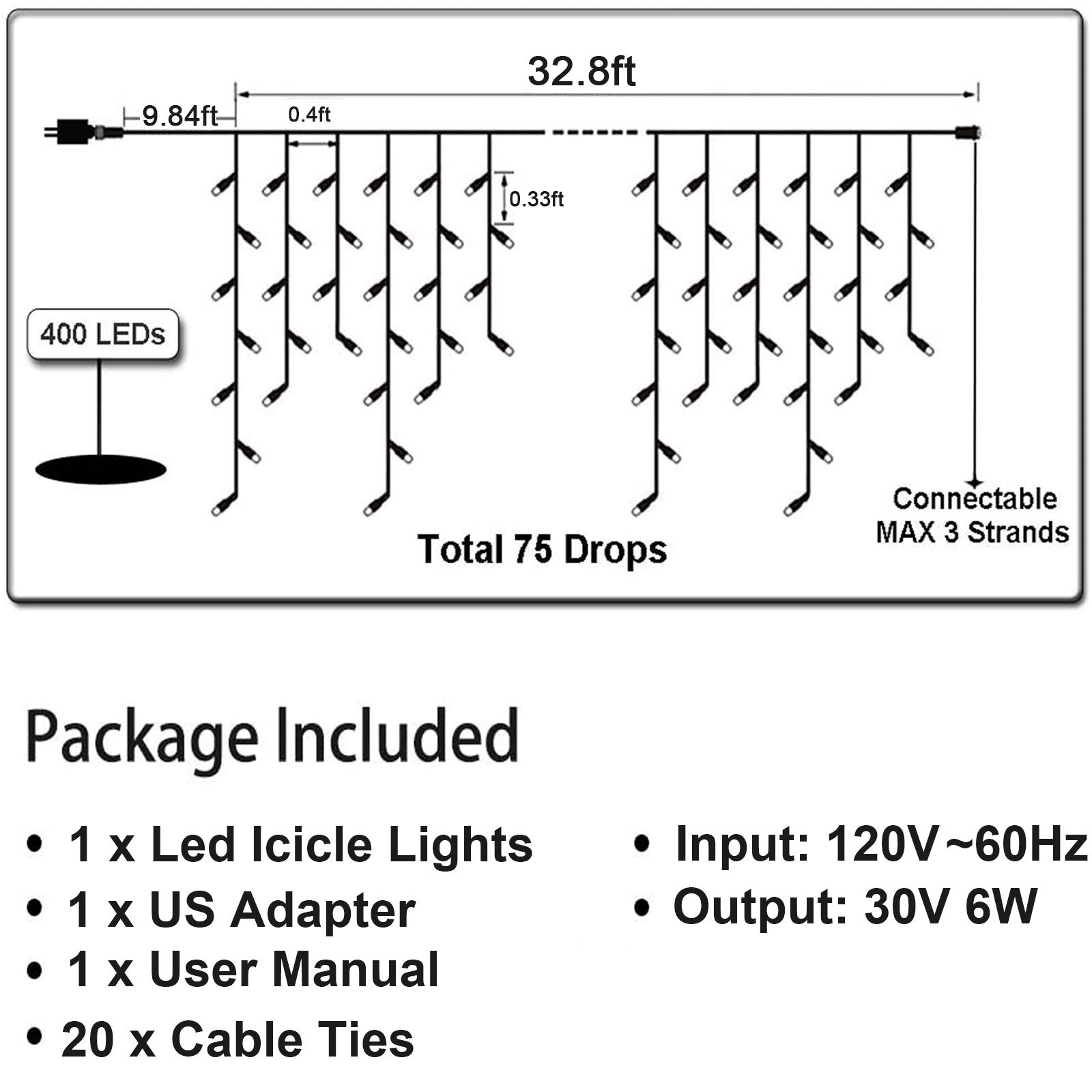 TuoPuLife LED Icicle Lights Outdoor, 32.8ft 400 LED Icicle Christmas Lights with Timer, Waterproof, Connectable Eaves Curtain Fairy String Lights for Christmas, Thanksgiving, Easter,Valentines Day