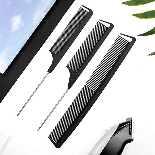 3 Pieces Rat Tail Comb Carbon Fiber Teasing Combs Parting Braids Stainless Steel Pintail Comb Heat Resistant Teasing Comb for Hair Salons