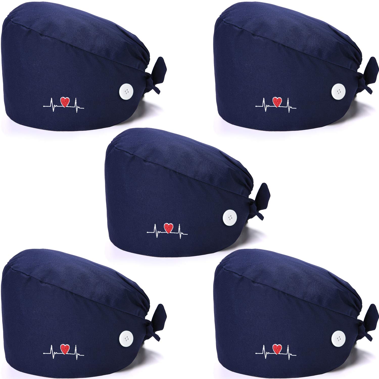 SATINIOR Womens 5 Pieces Bouffant Buttons Sweatband Adjustable Tie Back Cap, Navy Blue, Medium