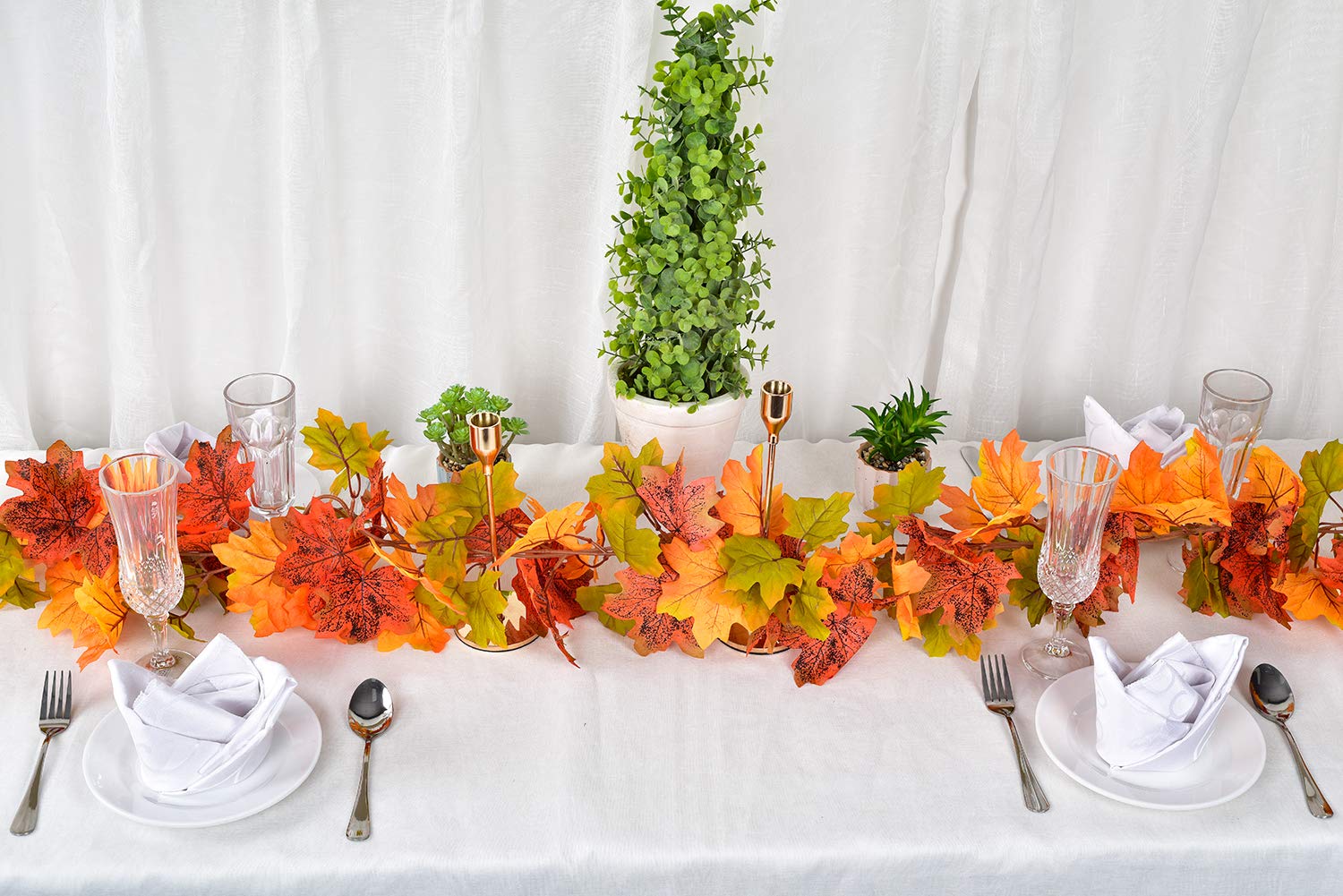 Artiflr 2 Pack Fall Maple Leaf Garland Artificial Maple Garland, Autumn Hanging Fall Leave Vines for Indoor Outdoor Wedding Thanksgiving Dinner Party Decor