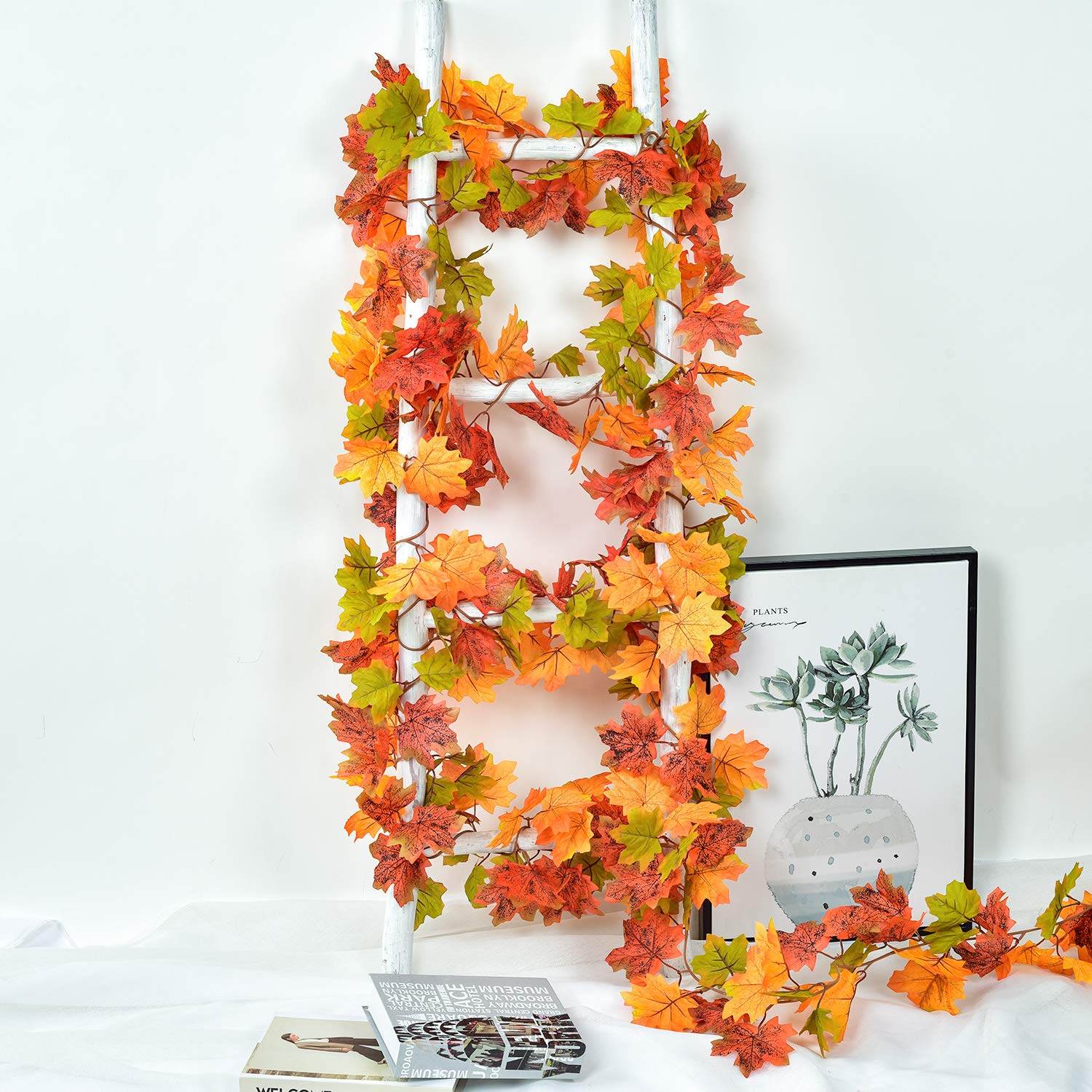 Artiflr 2 Pack Fall Maple Leaf Garland Artificial Maple Garland, Autumn Hanging Fall Leave Vines for Indoor Outdoor Wedding Thanksgiving Dinner Party Decor