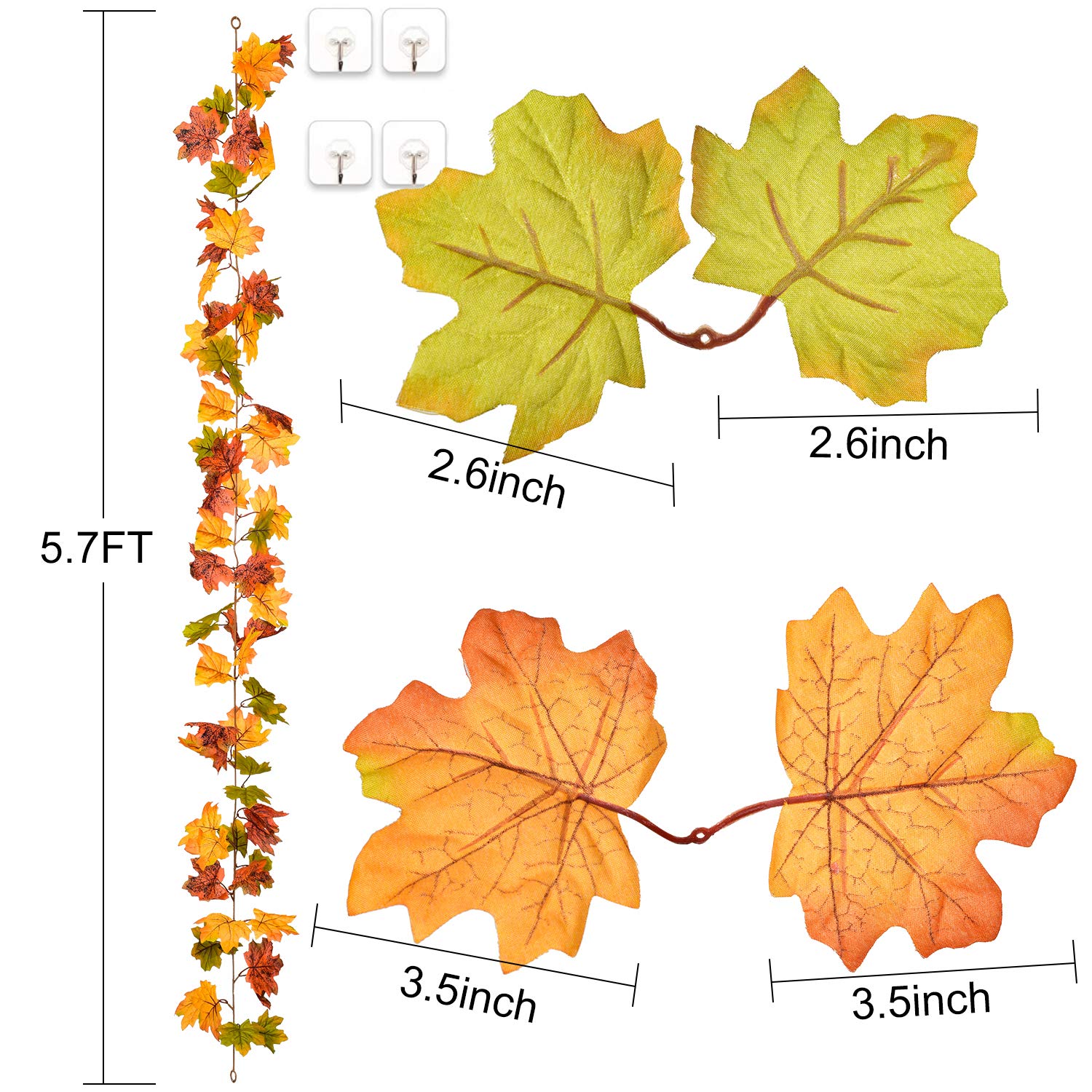 Artiflr 2 Pack Fall Maple Leaf Garland Artificial Maple Garland, Autumn Hanging Fall Leave Vines for Indoor Outdoor Wedding Thanksgiving Dinner Party Decor