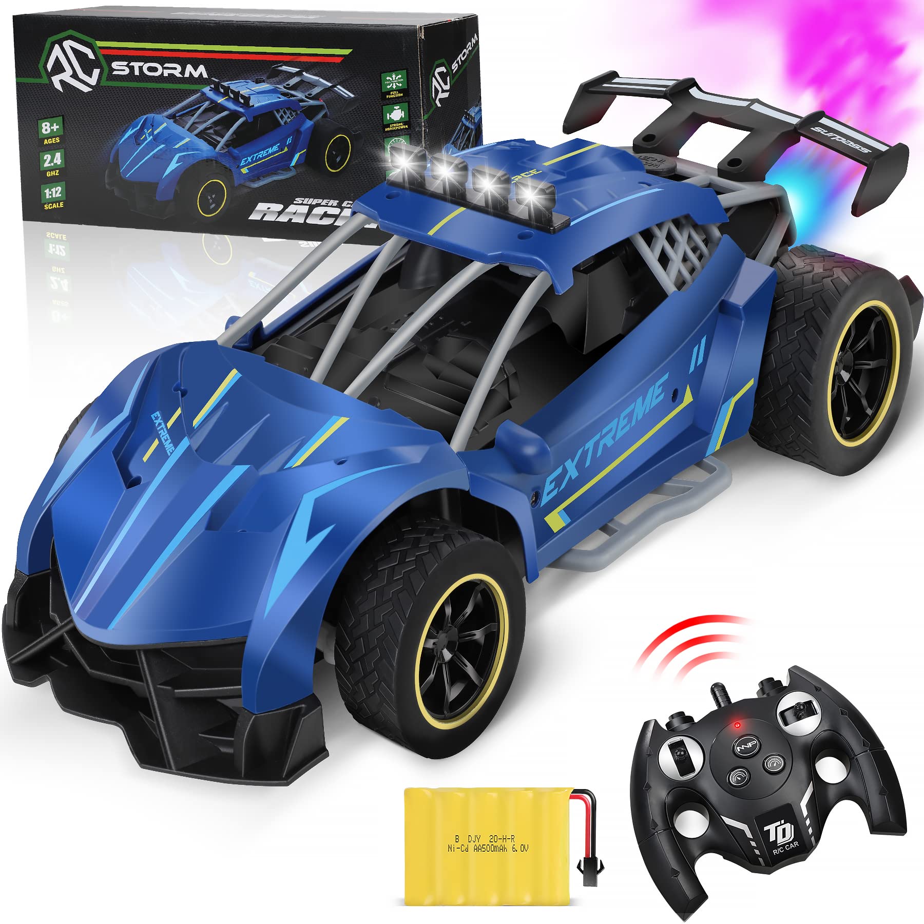 tomser RC Car, Fog Racer Remote Control Car for Kids Racing Hobby Toy with Rear Fog Stream 1:12 4WD Crawler Toy Car Model Vehicle for Boy Girl Adults LED Light Monster Truck with Rechargeable Battery