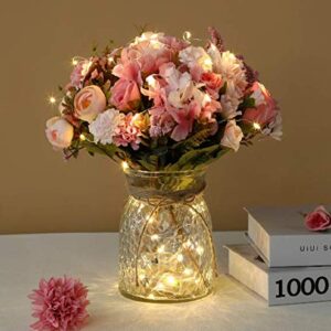 Artificial LED Pink Rose Flowers with Glass Vase, Flower Arrangement for Table Centerpiece, Home Office Wedding Decoration