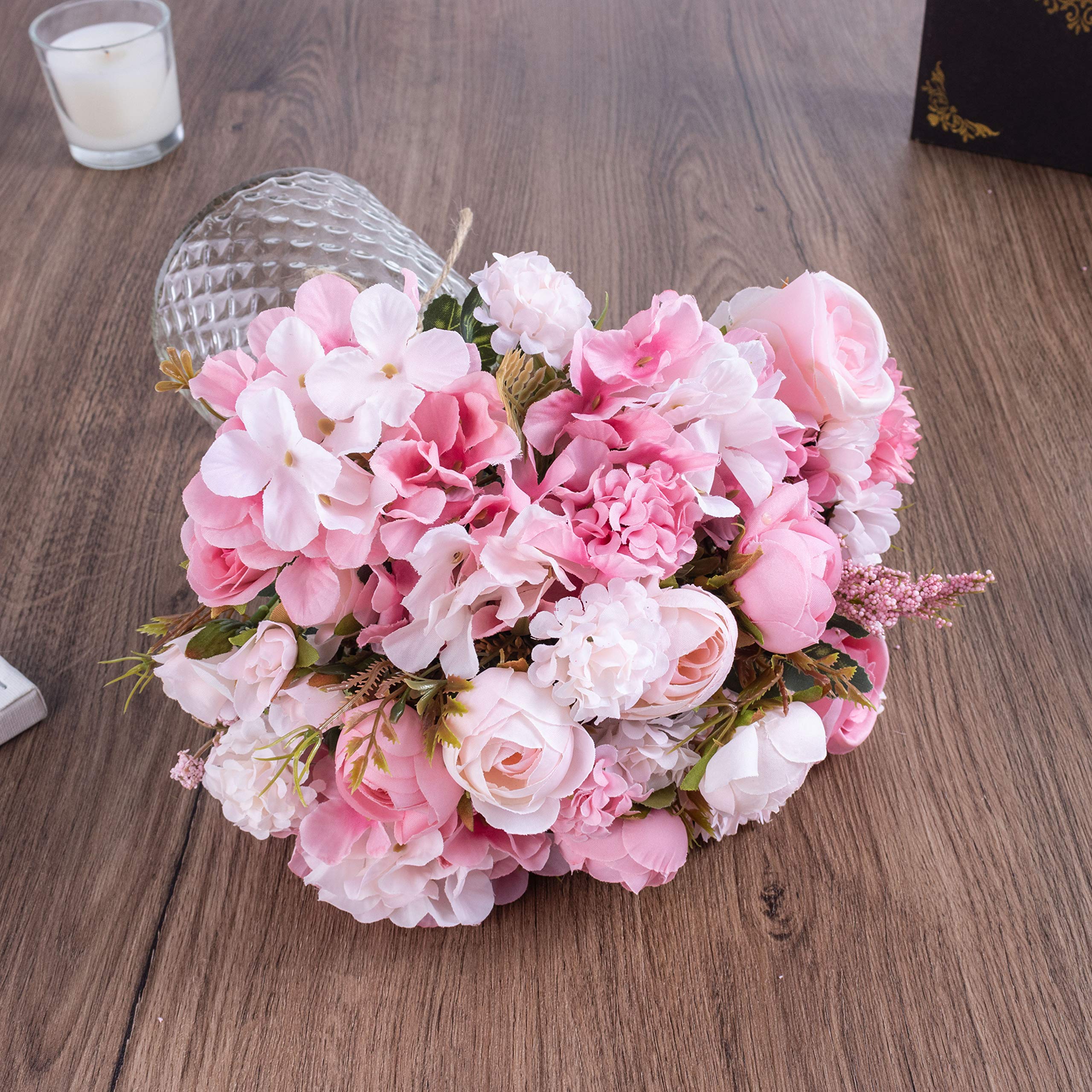 Artificial LED Pink Rose Flowers with Glass Vase, Flower Arrangement for Table Centerpiece, Home Office Wedding Decoration