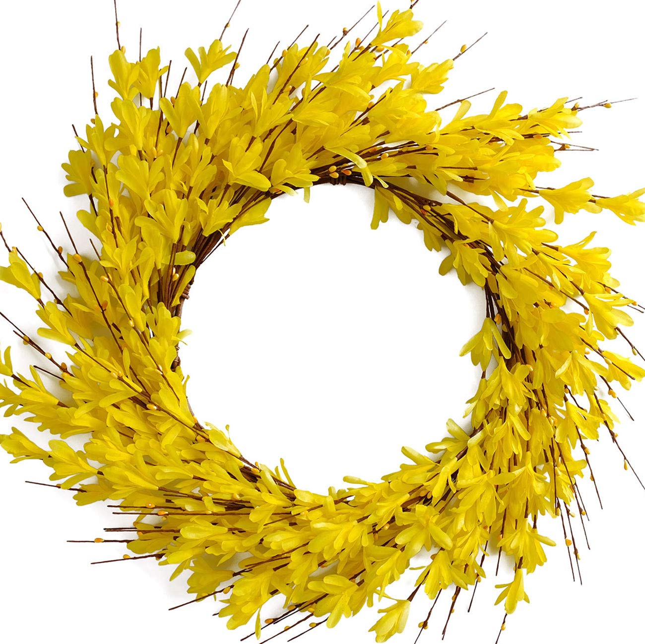 Bibelot 20inch Artificial Forsythia Flower Wreath Spring Summer Fall Wreath Silk Leaves Wreath for Front Door Wreath Porch Farmhouse Patio Garden Home Decor (Yellow)