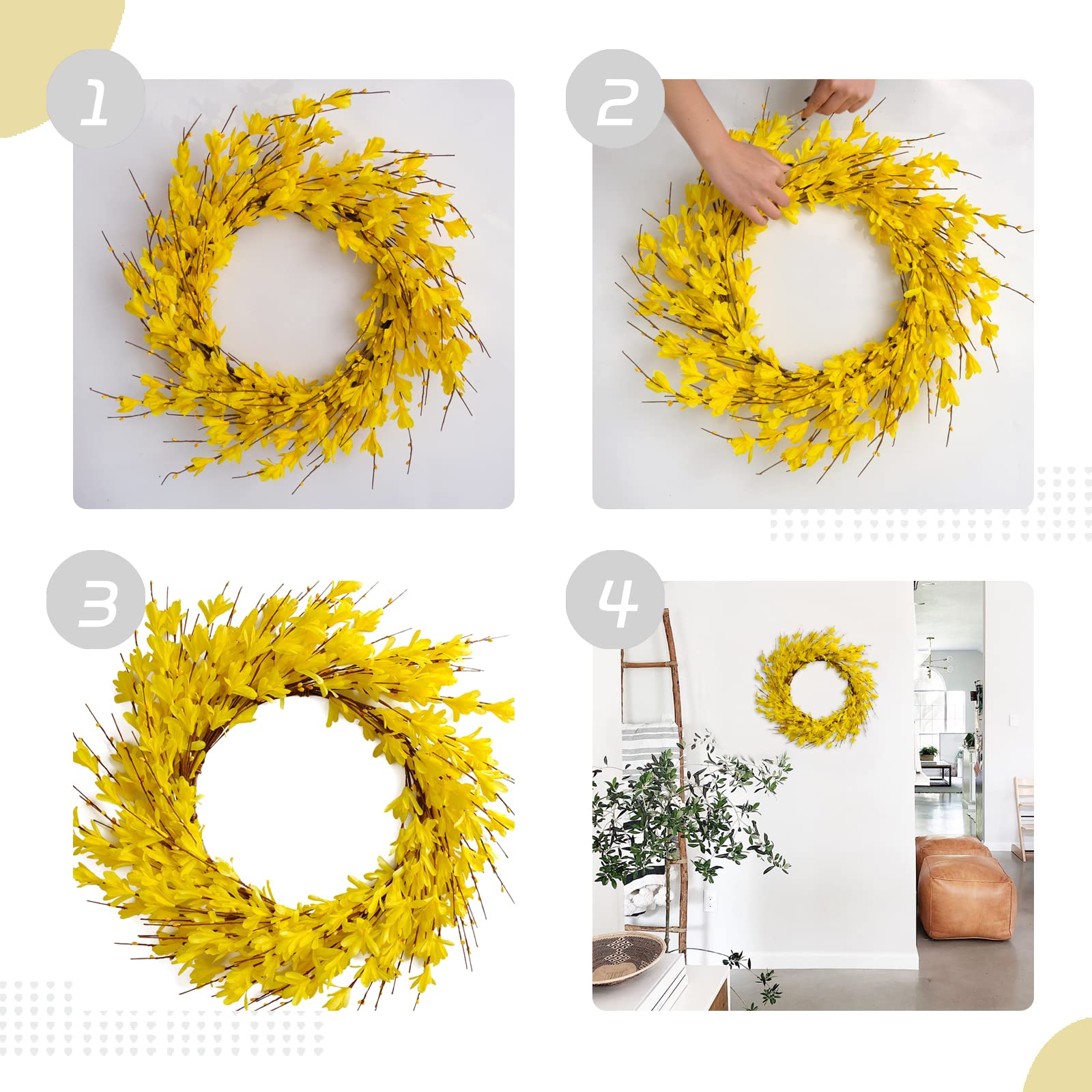 Bibelot 20inch Artificial Forsythia Flower Wreath Spring Summer Fall Wreath Silk Leaves Wreath for Front Door Wreath Porch Farmhouse Patio Garden Home Decor (Yellow)