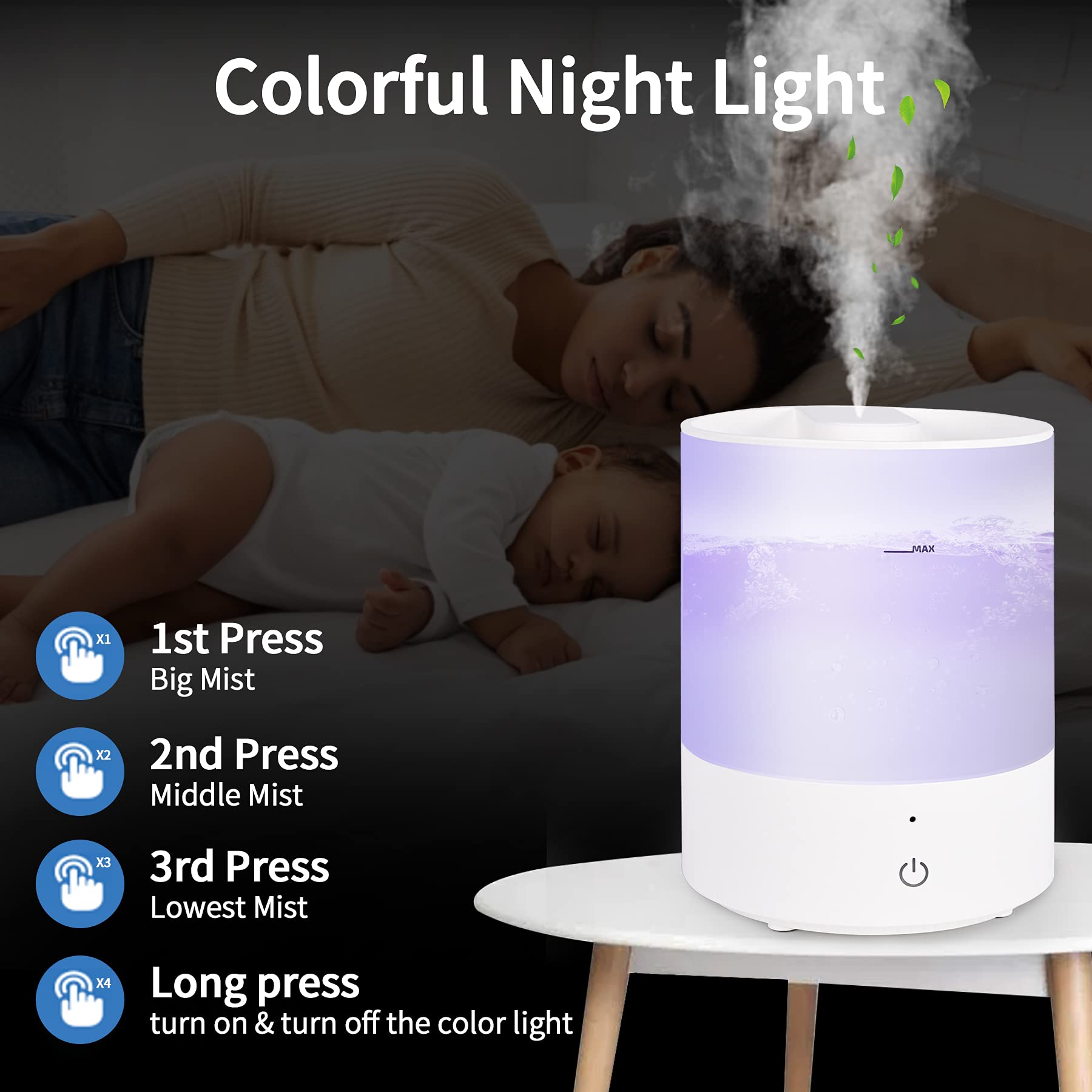 Cool Mist Humidifier, 2.8L Humidifiers for Bedroom, Home, Office, Automatic Shut-Off & 7-Color Night Light