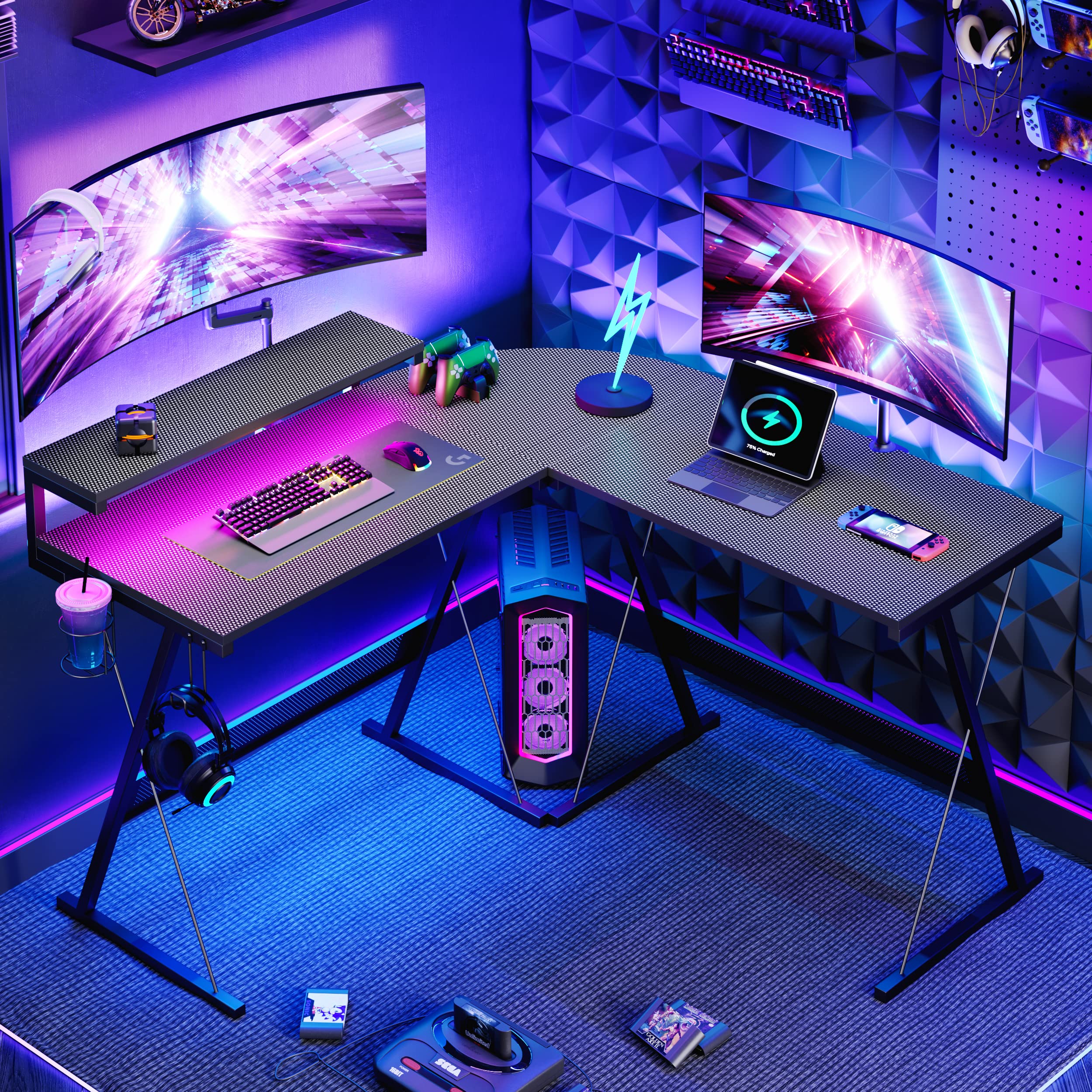 Bestier 55 Inch L Shaped Gaming Computer Desk with LED RGB Modern Corner PC Laptop Desk Study Student Table Workstation Home Office Desk with Large Elevated Shelf, Red