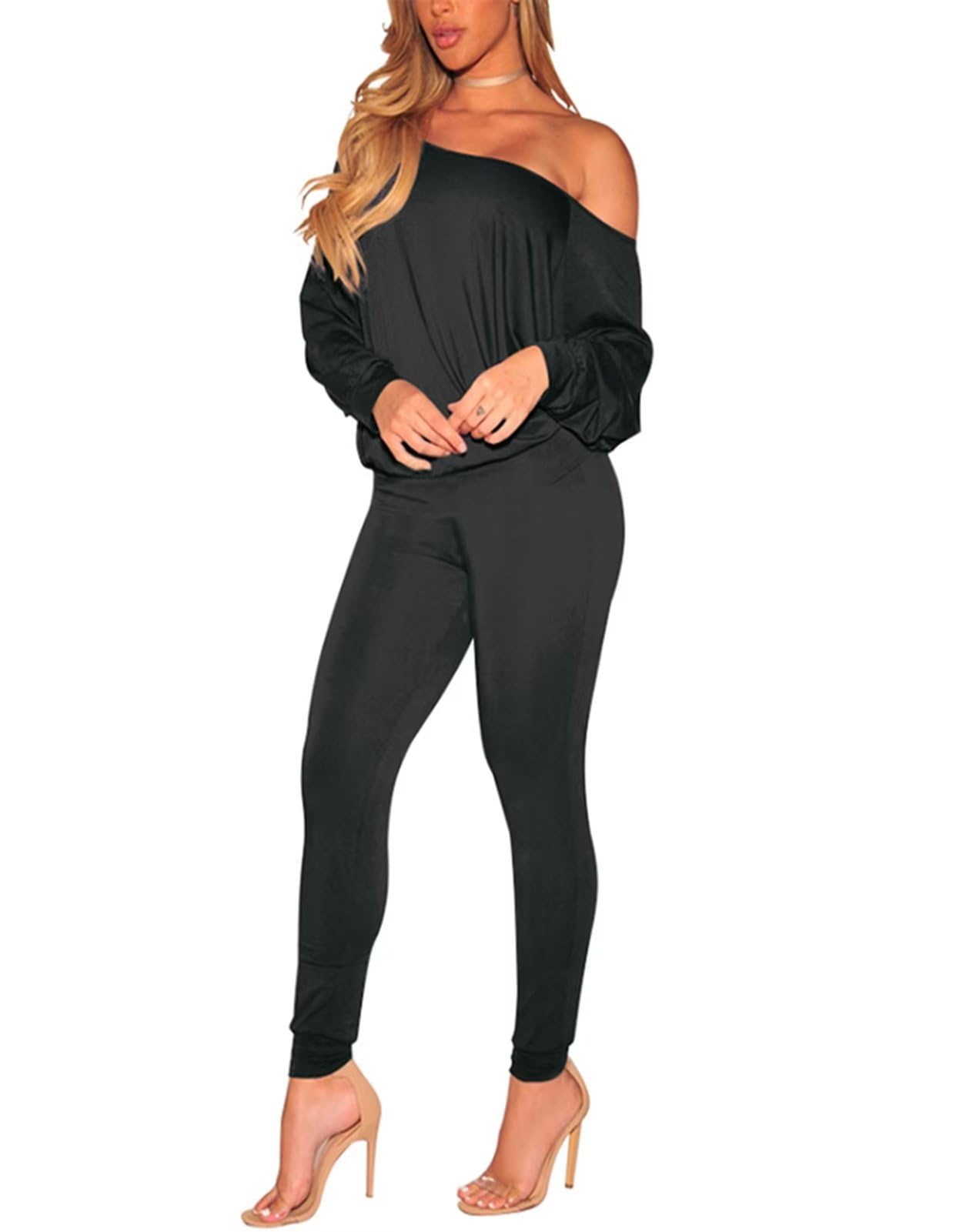 OLUOLIN Women's Sexy One Off Shoulder Long Sleeve Bodycon Pants Set Casual 2 Piece Outfits Tracksuit Stretchy Jumpsuit