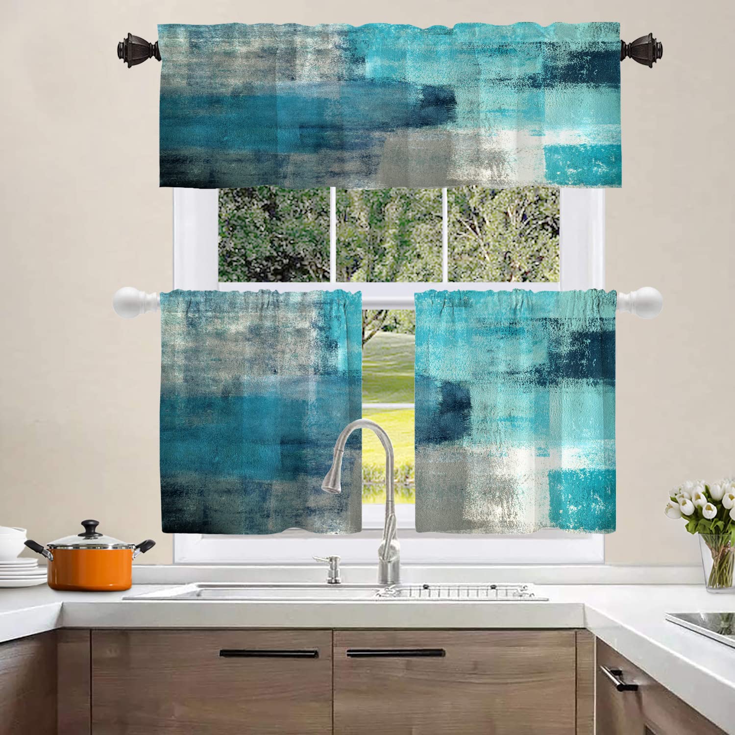 Shrahala Turquoise Teal Gray Kitchen Valances, Abstract Art Painting Modern Grey Hand Painted Half Window Curtain Window Treatment Multilayer Polyester Blackout for Living Room Bathroom 52 x 18 in