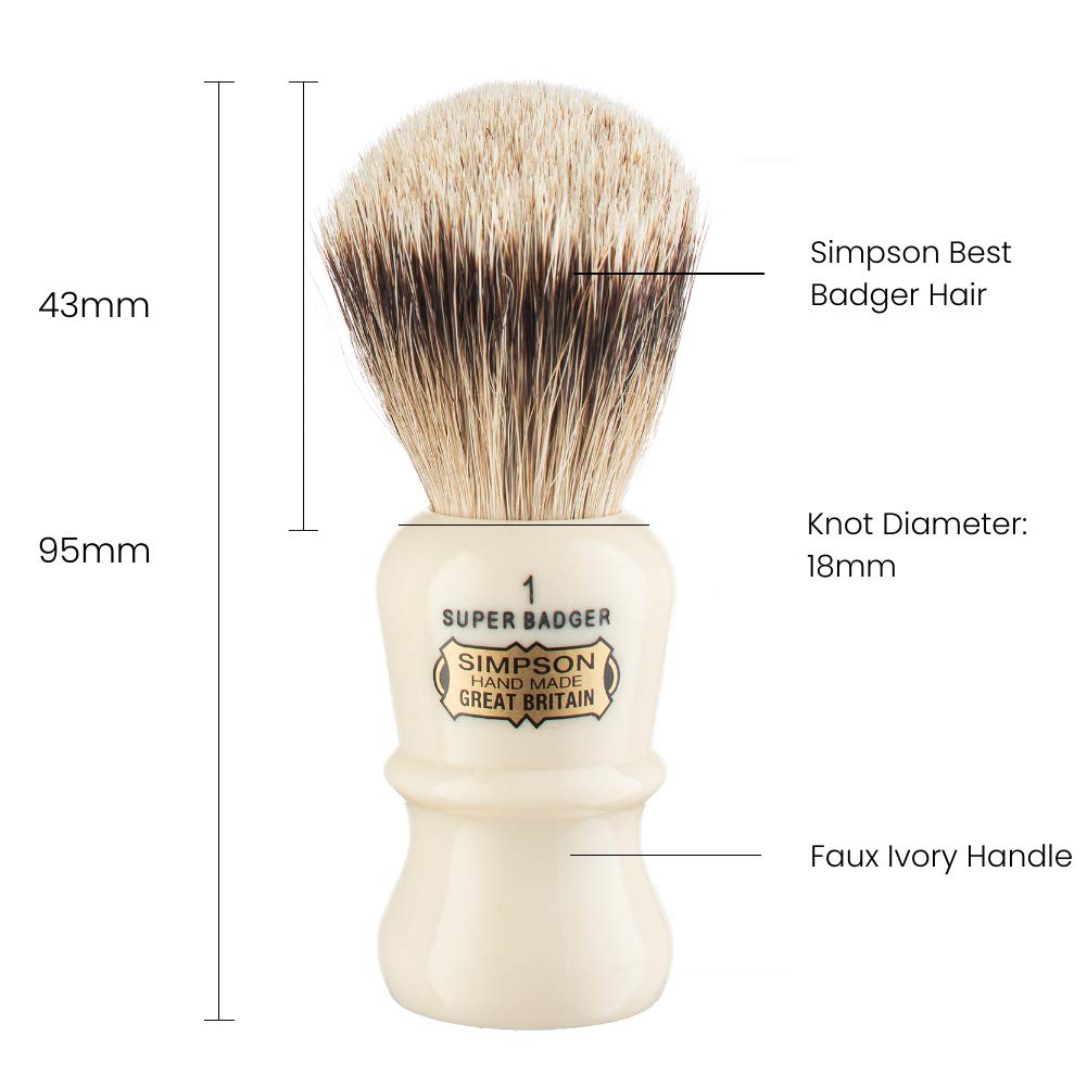 Emperor Super Badger Brush- Simpson Shaving Brushes - Faux Ivory Handle (1 Super)