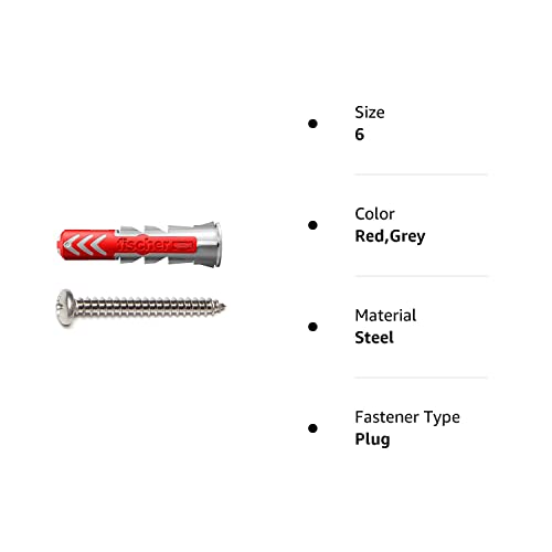 fischer DuoPower 3/16" x 1" S PH, Powerful Universal Plug with Panhead Screw, Intelligent 2-Component Technology for fastenings in Concrete, Bricks, Gypsum plasterboard, 50 Plugs & 50 Screws