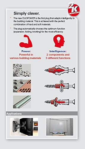 fischer DuoPower 3/16" x 1" S PH, Powerful Universal Plug with Panhead Screw, Intelligent 2-Component Technology for fastenings in Concrete, Bricks, Gypsum plasterboard, 50 Plugs & 50 Screws