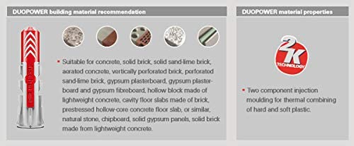 fischer DuoPower 3/16" x 1" S PH, Powerful Universal Plug with Panhead Screw, Intelligent 2-Component Technology for fastenings in Concrete, Bricks, Gypsum plasterboard, 50 Plugs & 50 Screws