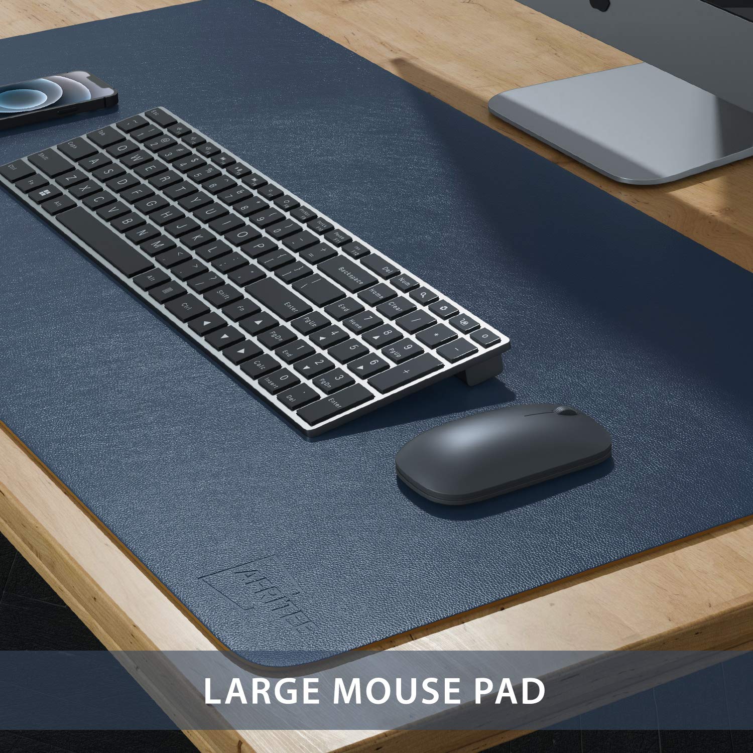 AFRITEE Desk Pad Protector Mat - Dual Side PU Leather Desk Mat Large Mouse Pad Waterproof Desk Organizers Office Home Table Decor Gaming Writing Mat Smooth (Navy Blue/Yellow, 31.5" x 15.7")