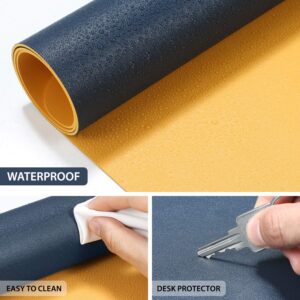 AFRITEE Desk Pad Protector Mat - Dual Side PU Leather Desk Mat Large Mouse Pad Waterproof Desk Organizers Office Home Table Decor Gaming Writing Mat Smooth (Navy Blue/Yellow, 31.5" x 15.7")