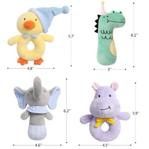 TILLYOU 2 PCS Soft Baby Rattle for Newborns, Plush Stuffed Animal Rattle, Rattle Shaker Set for Infants, Shower Gifts for Girls Boys, Shaker & Teether Toys for 3 6 9 12 Months, Green/Purple