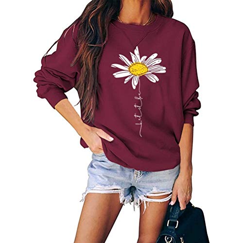 Noffish Women LET IT BE Daisy Graphic Sweatshirt Casual Loose Long Sleeve Fashion Tops (WineRed,L)