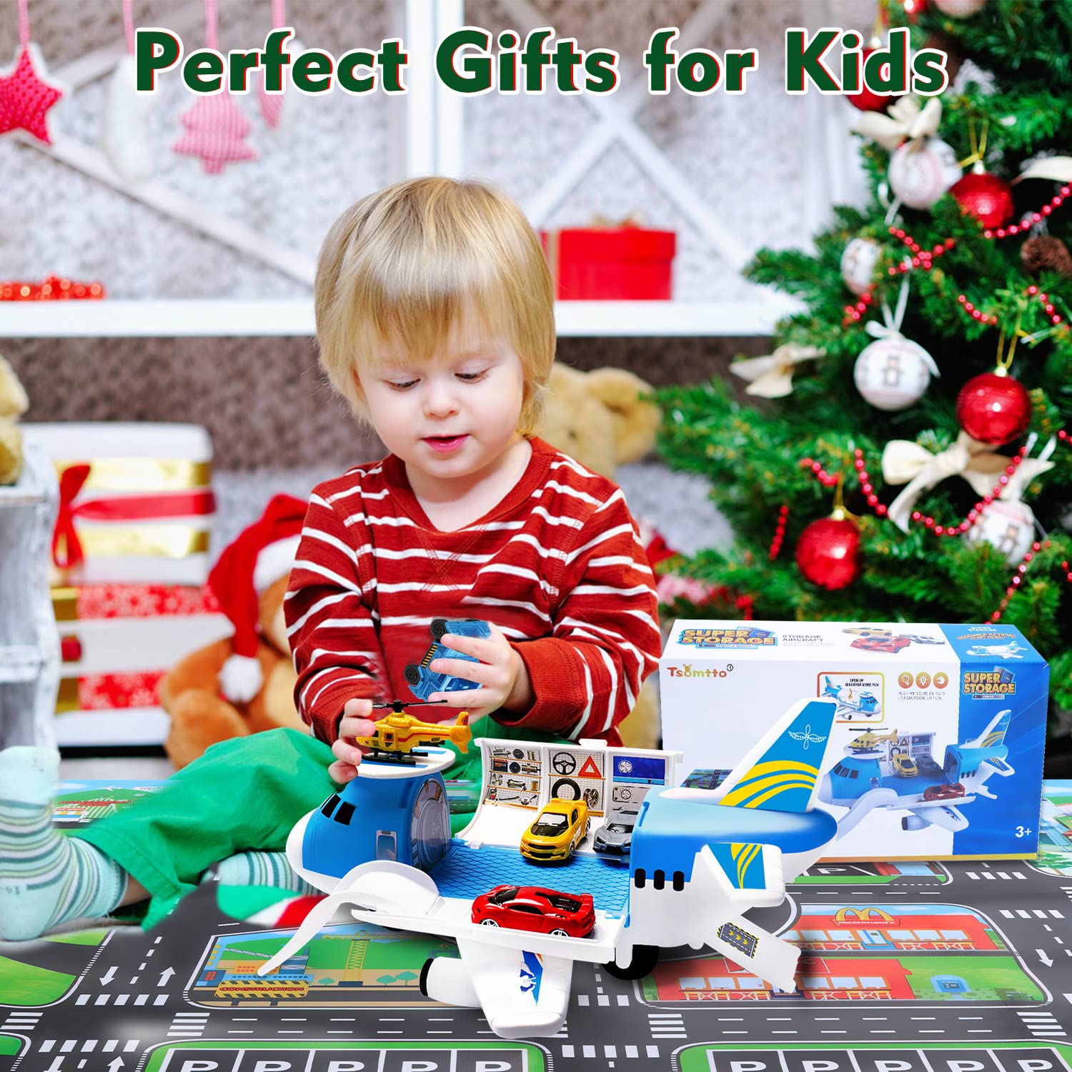 Airplane Toy with Car Toy Helicopter Set, Take Apart Plane Toy for Boy Girl Toddler Kids Cargo Transport Paw Patrol Age 2 3 4 5 6 8 Years Old Toddler 5 Mini Vehicles Truck 1 Large Plane