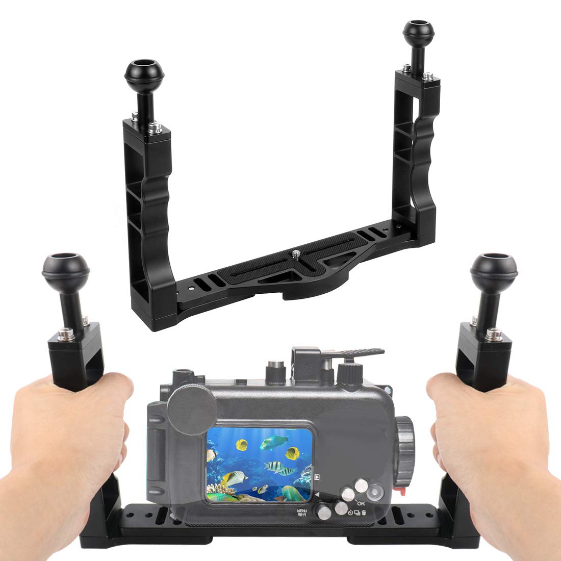 FEICHAO BQSZJ-3-B CNC Diving Handle Tray Upgraded Base Bracket Dual Handheld Hand Grip Rig Compatible for Action DSLR Camera Video Waterproof Case (Black)