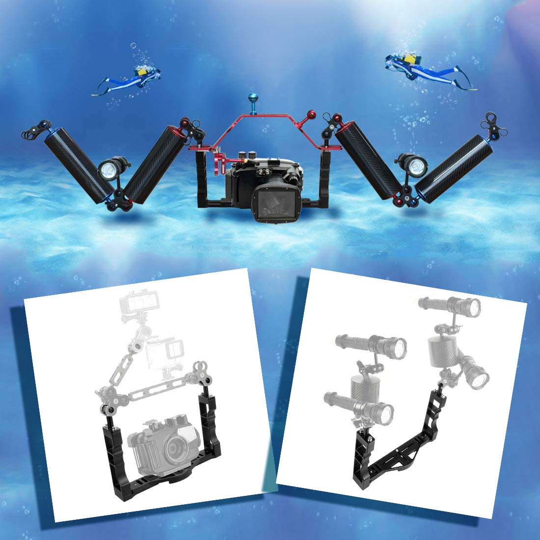 FEICHAO BQSZJ-3-B CNC Diving Handle Tray Upgraded Base Bracket Dual Handheld Hand Grip Rig Compatible for Action DSLR Camera Video Waterproof Case (Black)