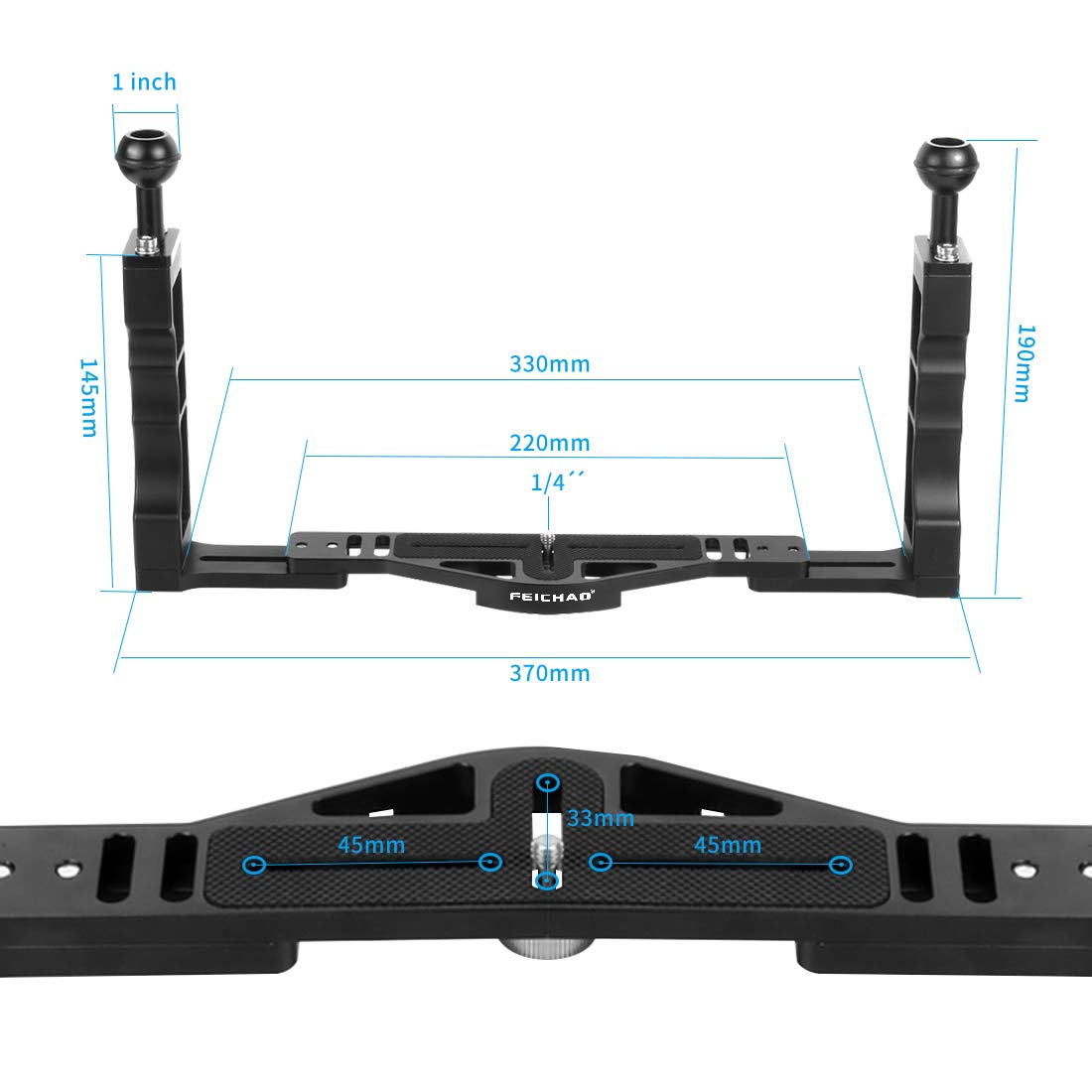 FEICHAO BQSZJ-3-B CNC Diving Handle Tray Upgraded Base Bracket Dual Handheld Hand Grip Rig Compatible for Action DSLR Camera Video Waterproof Case (Black)