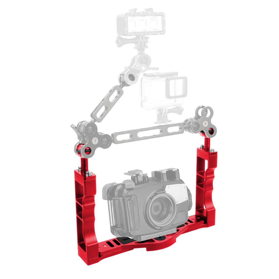 FEICHAO BQSZJ-3-B CNC Diving Handle Tray Upgraded Base Bracket Dual Handheld Hand Grip Rig Compatible for Action DSLR Camera Video Waterproof Case (Red)