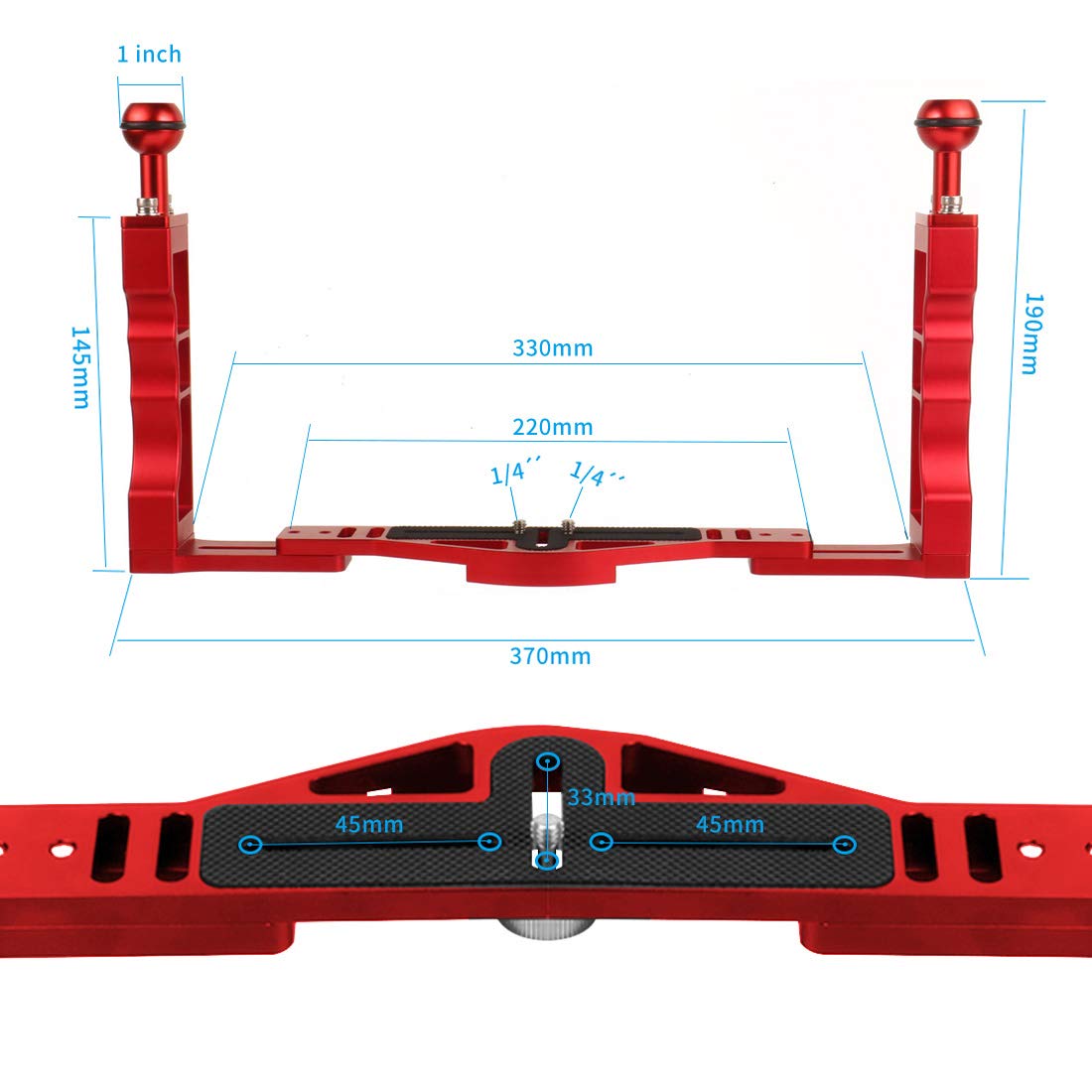 FEICHAO BQSZJ-3-B CNC Diving Handle Tray Upgraded Base Bracket Dual Handheld Hand Grip Rig Compatible for Action DSLR Camera Video Waterproof Case (Red)