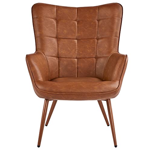 Topeakmart PU Leather Accent Chair, Modern Armchair with Tufted High Back, Oversized Vanity Chair Reading Chair for Living Room/Bedroom, Brown